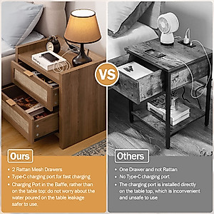 SICOTAS Night Stand Set of 2 - Rattan Nightstands with Type-C Charging Station, 2 Rattan Drawers - Boho Wood Bed Side End Table for Small Space - Natural Oak