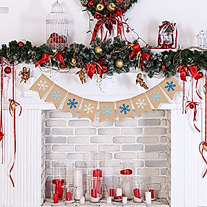 AnyDesign Christmas Snowflake Burlap Banner Glitter Winter Banner Blue White Snowflake Printed Bunting Garland Xmas Holiday Hanging Decoration No DIY Required for Christmas Winter Home Party Supplies