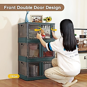 BROVIEW V6 Storage Bins with Lids, 102 QT Stackable Storage Bins with Wheels, Collapsible Storage Bins with Doors, Folding Storage Cabinets for Closet, Home Office Dorm Organizer Essential, Green