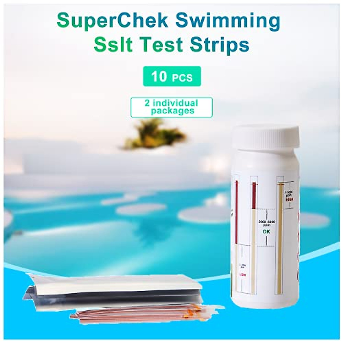 SuperCheck Pool and Spa Salt Test Strips for Sodium Chloride Level Testing, 0-6000 ppm, 2 Packs, Pool Salt Test Strips, Measure Chloride Ion Contents in Chloride Based Salt Solutions, Pool Salt Tester