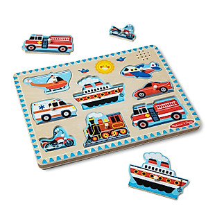 Melissa & Doug Vehicles Sound Puzzle - Wooden Peg Puzzle With Sound Effects (8 pcs) - Sound Puzzles for Toddlers, Wooden Puzzles For Kids Ages 2+, Multicolor, 11.95 x 8.8 x 1.05