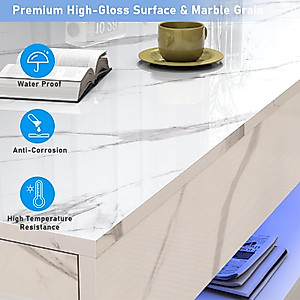 chartustriable 47inch Large High-Glossy LED Coffee Table with 2 Sliding Drawers, Living Room Storage Tables with Marbling Print, Modern Stylish Double-Layer Center Tables w/LED Lights, White