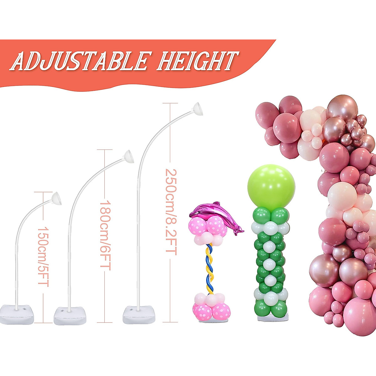 AerWo Balloon Arch Kit 8FT & 6FT, Half Arch Balloon Stand with Base, Bending Top Arch Backdrop Stand Kit Floor Balloon Arch Frame for Lawn Yard Birthday Wedding Baby Shower Halloween Party Decorations