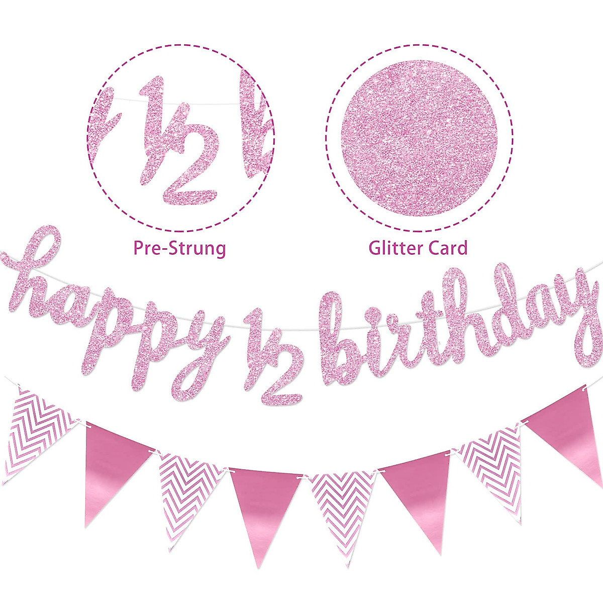 6 Months Banner Happy Birthday Banner Happy 1/2 Birthday Banner Glitter 1/2 Half Year Cake Topper Triangle Flag Banner for Half Year Baby Shower Birthday Party Decoration, Pre-strung (Pink)