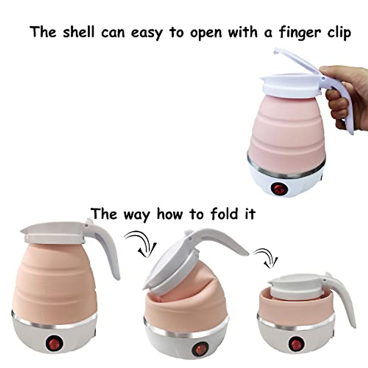 Foldable Portable Electric Kettle with Food Grade Silicone, 9 Mins Fast Water Boiling Tea Pot Coffee Pot for Camping or Travel, Collapsible Kettle with Separable Power Cord 110V US Plug 600ML Pink