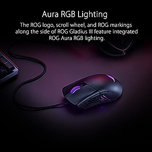 ASUS ROG Gladius III Wired Gaming Mouse | Tuned 19,000 DPI Sensor, Hot Swappable Push-Fit II Switches, Ergo Shape, ROG Omni Mouse Feet, ROG Paracord and Aura Sync RGB Lighting
