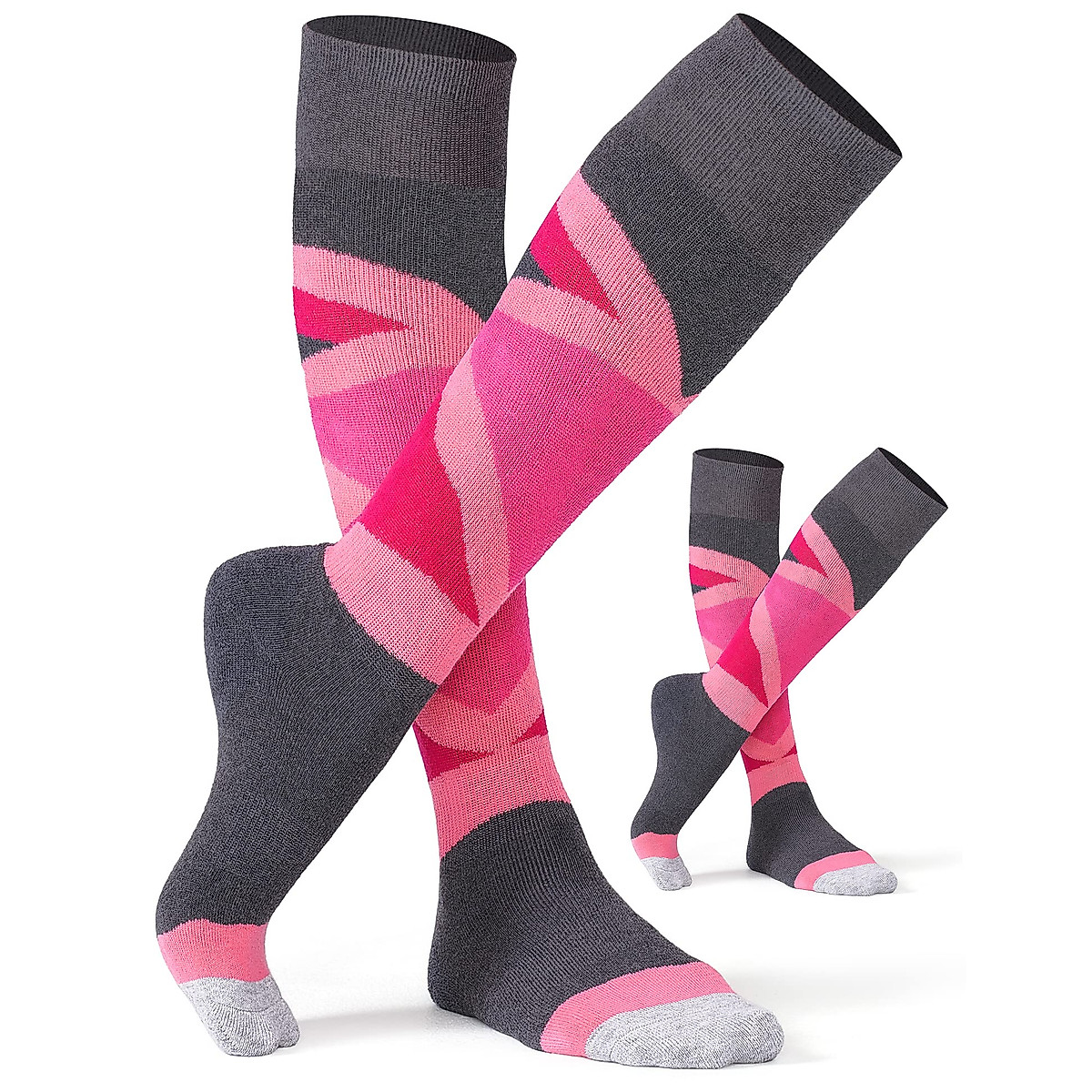 CS CELERSPORT 2 Pack Merino Wool Women's Ski Socks with Full Cushion, Winter Warm Thermal Socks for Skiing Snowboarding, Dark Grey + Rose, Medium