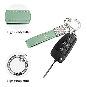 Leather Keychain Bling Keychain for Women Anti-Lost D-Ring Car Keychain Fashion Rhinestone Purse Charms for Handbags (Green)