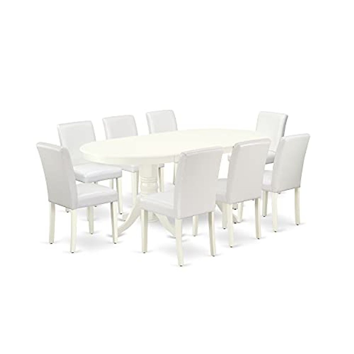 East West Furniture VAAB9-LWH-64 9Pc Dinette Set Includes a 59/76.4 Inch Oval Dining Table with Butterfly Leaf and 8 Parson Chair with Linen Leg and PU Leather Color White, 9 Pieces