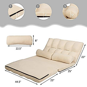 S AFSTAR Safstar Floor Folding Couch and Futon Sofa, 6-Position Fabric Sleeper Sofa Bed with 2 Pillows and Sponge Filling, Adjustable Lazy Sofa for Living Room and Bedroom(Beige)