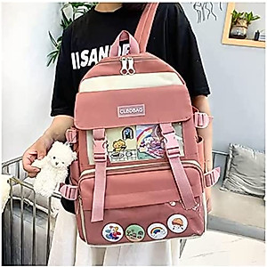 Kawaii Backpack Casual Bags Cute Aesthetic Backpacks with badge and pendant, shoulder bag, pencil case, handbag (Pink)