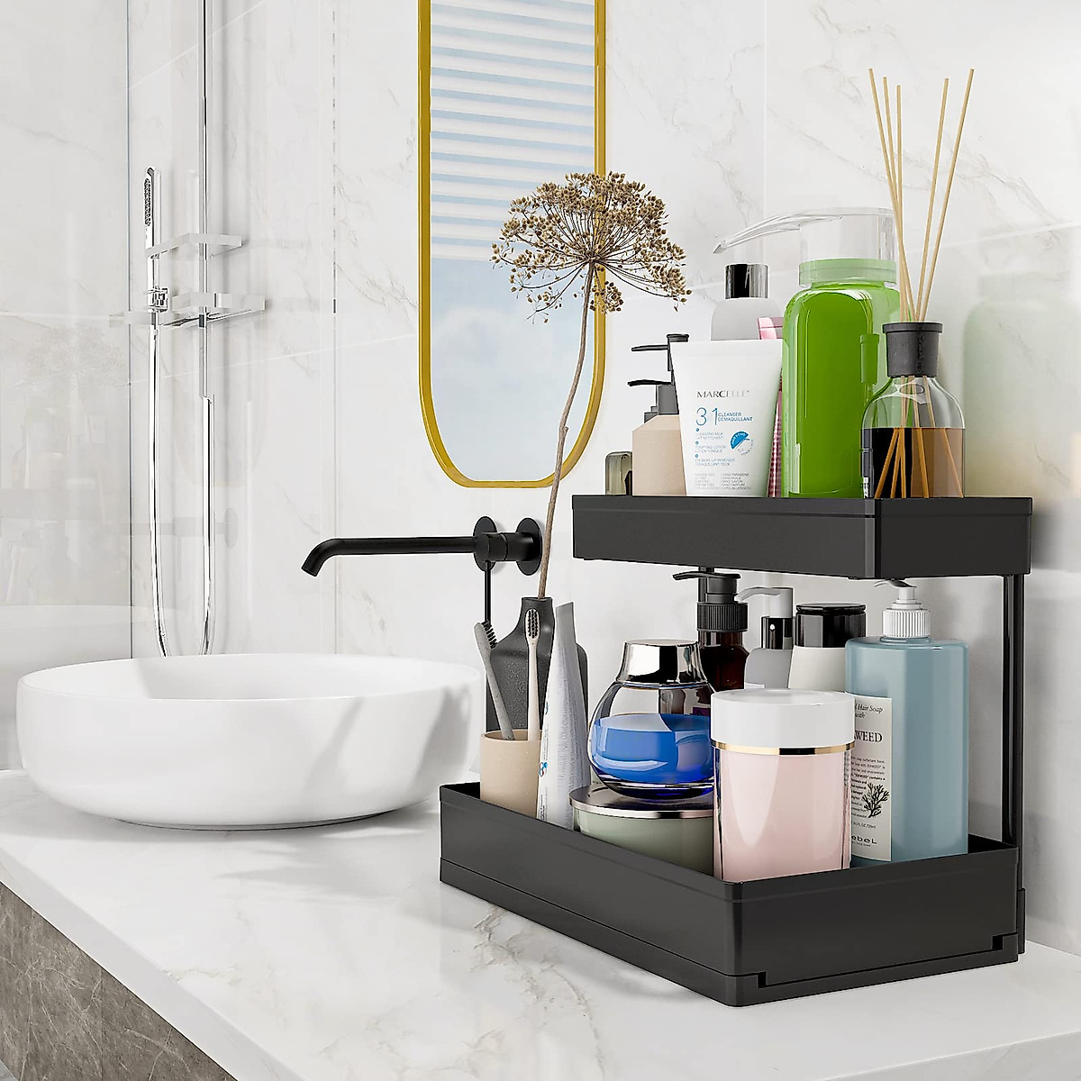 2 Pack Under Sink Organizers and Storage, 2 Tier Pull Out Cabinet Organizer Sliding Cabinet Basket Organizer Bathroom Kitchen Storage with Siding Drawers Multi-Purpose Office Organization and Storage