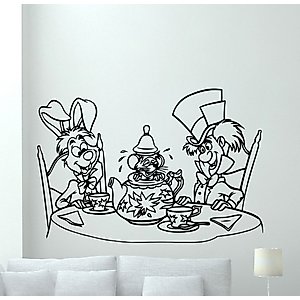 Alice in Wonderland Wall Decal Sticker Tea Party Tea Time White Rabbit Mad Hatter Vinyl Sticker Cartoon Wall Art Design Housewares Kids Boy Girl Room Bedroom Decor Removable Wall Mural 19crt