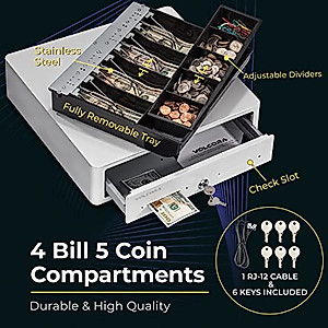 14" Electronic Cash Register Drawer for Point of Sale (POS) System with Round Corners - Fully Removable 2-Tier 4 Bill 5 Coin Cash Tray, 24V, RJ11/RJ12 Key-Lock, Media Slot, White