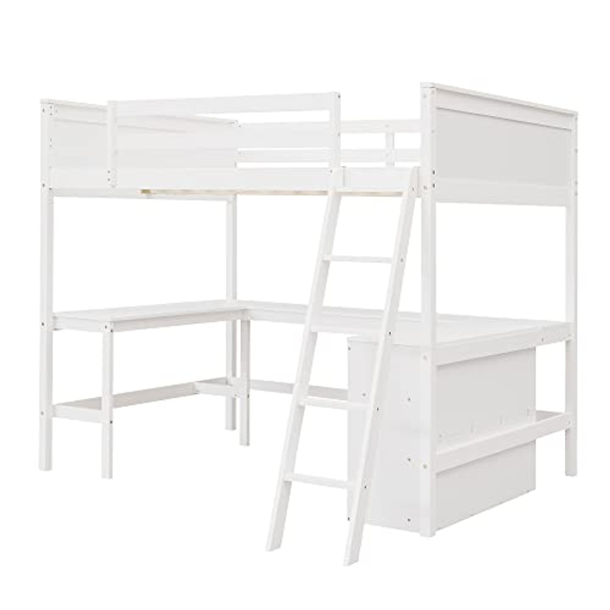 GYYBED Full Size Wooden Loft Bed with 3 Storage Shelves and Built-in L-Shape Desk for Kids Teens Adults Full Size loft Bed with Desk Full Size loft Bed loft Bed with Desk(White + Wood)