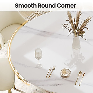 53'' Round Marble Dining Table for 4, Modern White Sintered Stone Top Kitchen Table for Dining Room,Faux Marble Circle Dining Table with Solid Wood Panel Pedestal,Wrapped in PU Leather(Only Table)