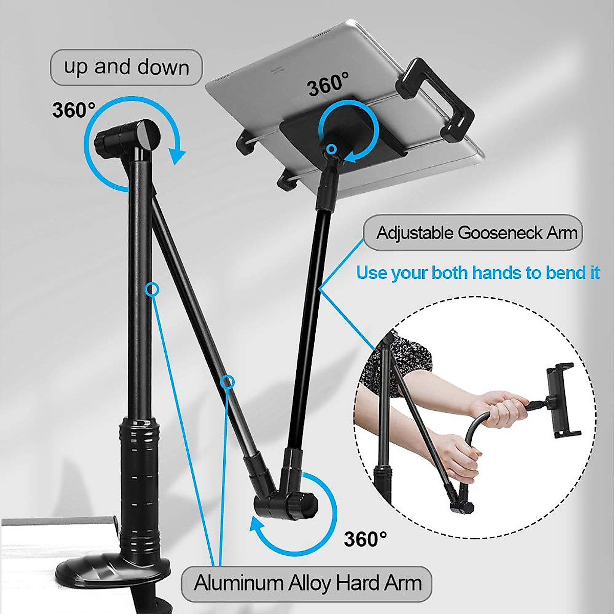 Aqonsie Phone Holder Bed Gooseneck Mount Clip with 360° Rotation Flexible & Hard Arm Bracket Compatible with iPad,Tablet,4-14" Phones, Foldable Tablet Stand for Desk Bed Kitchen Office