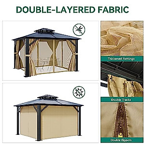 YITAHOME 12x14FT Gazebo Hard-Top Double Roof Canopy Outdoor with Netting and Shaded Curtains, Aluminum Frame Polycarbonate Hardtop Garden Tent for Patio, Backyard, Deck and Lawns, Brown