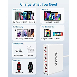 USB Charging Station, RENGOGA 50W/10A USB Charger 8-Ports USB Charging Hub, Multi USB Charger Block for Multilple Devices, iPhone 13 12 11 Pro Max,iPad Air, Samsung Galaxy S21 S20, Tablet-White
