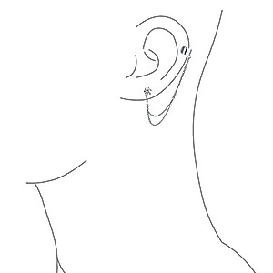 Geometric Cartilage Plain Band With Chain Ear Warp Cuff CZ Stud Ear Lobe Earring For Women Teens Men Yellow Gold .925 Sterling Silver