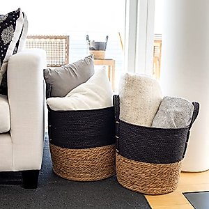 EMIGI Set of 2 Natural Round Storage Basket, Braided Seagrass & Paper Rope (XL+LG), Natural & Black