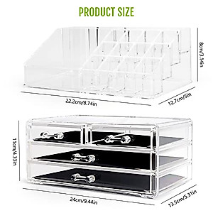 Unaone Clear Cosmetic Storage Organizer, Acrylic Makeup Organizer for Vanity Makeup Storage Organizer Display Cases, Lipstick Holder Organizer Stackable Cosmetic Organizer with 4 Drawers