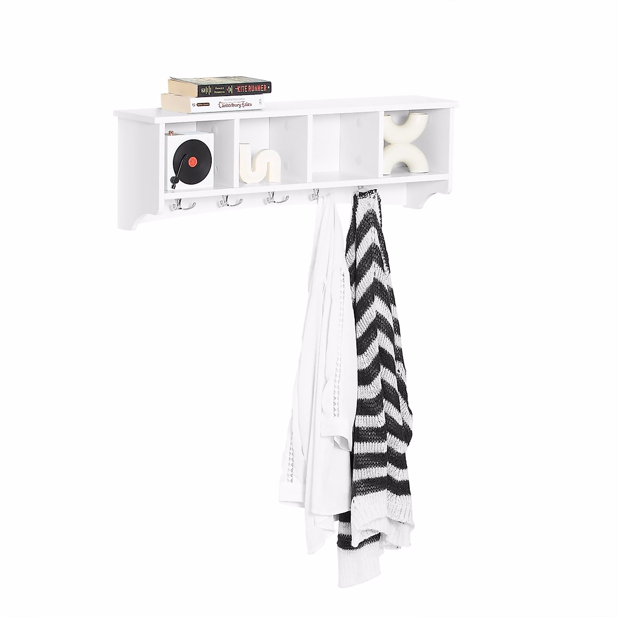 Haotian White Wall Shelf with Coat Hooks, Wall Coat Rack Entryway, Display Storage Unit with 4 Components 5 Bathroom Kitchen Cupboard, FRG48-L-W