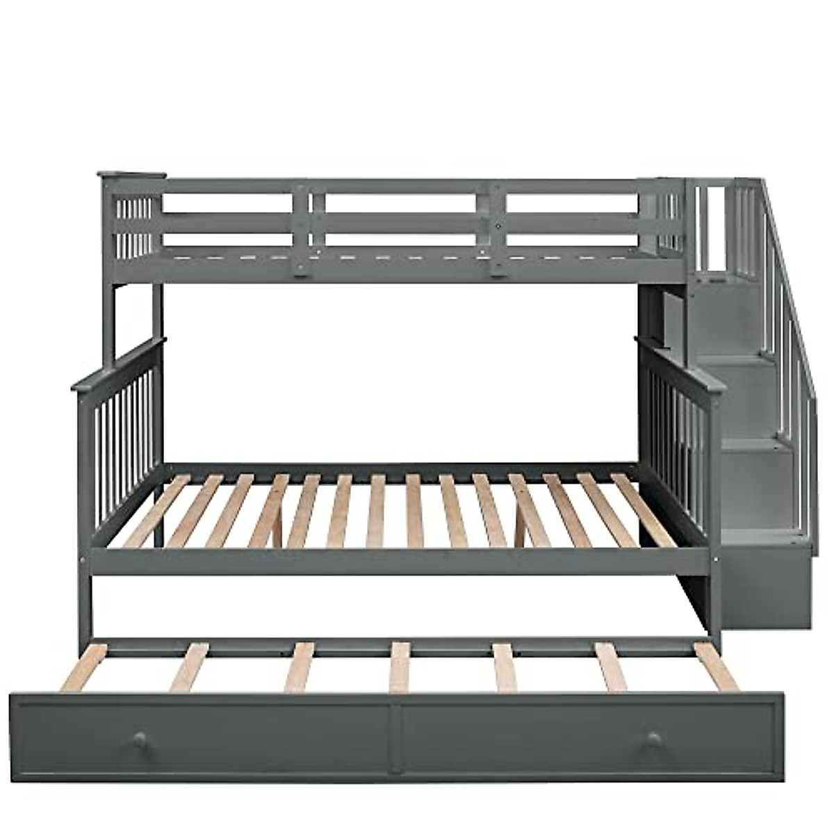 FIQHOME Stairway Twin-Over-Full Bunk Bed with Twin Size Trundle,Bunk Bed Frame Convertible into 2 Beds Storage and Guard Rail for Bedroom, Dorm, for Adults,Gray