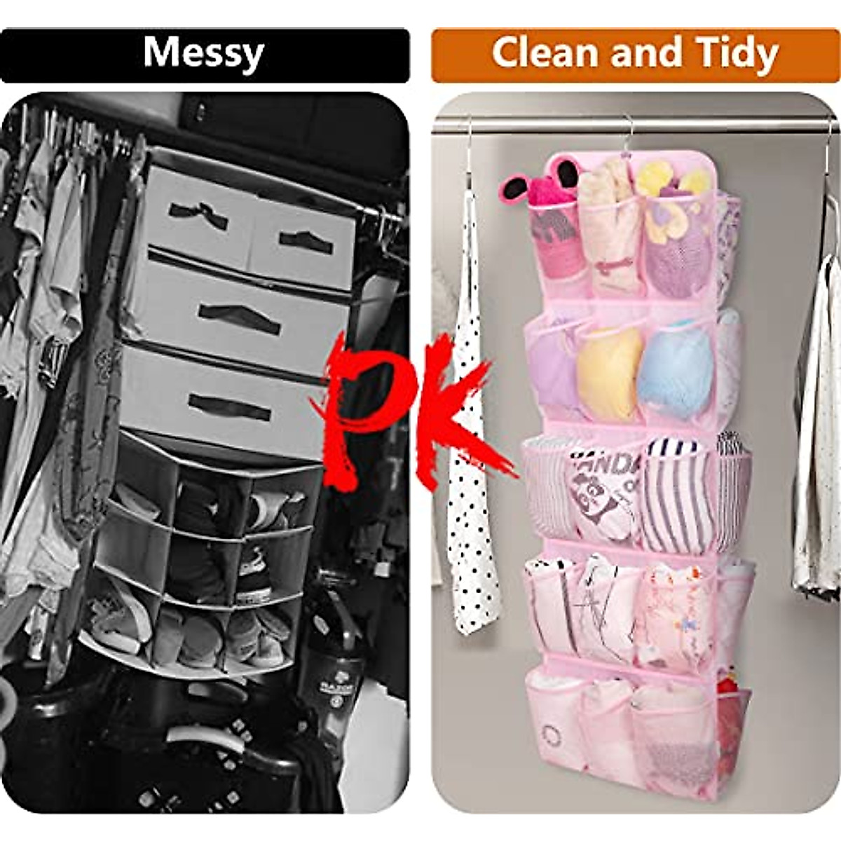 AOODA Hanging Kids Shoe Organizer for Closet Rod Double Sided 30 Large Pockets Baby Shoe Rack for Toddler Shoe Holder With Rotating Hanger For Barbie, Baby Nursery, (Pink)