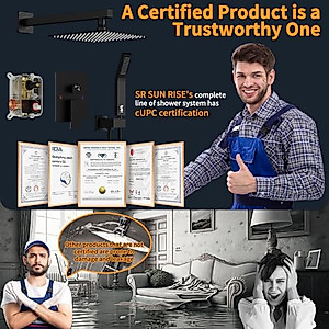 SR SUN RISE Black Square Rainfall Shower Head and Handle Set, Wall Mounted Shower Fixtures, Metal Shower Faucet Trim Repair Kits (With Shower Valve)