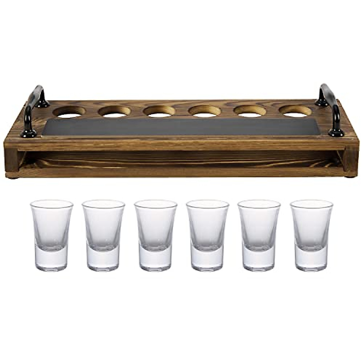 MyGift Tequila Shot Glasses Liquor Flight Tasting Set Includes Burnt Wood Serving Tray with Chalkboard Panel and Metal Handles and 6 Clear Shot Glasses