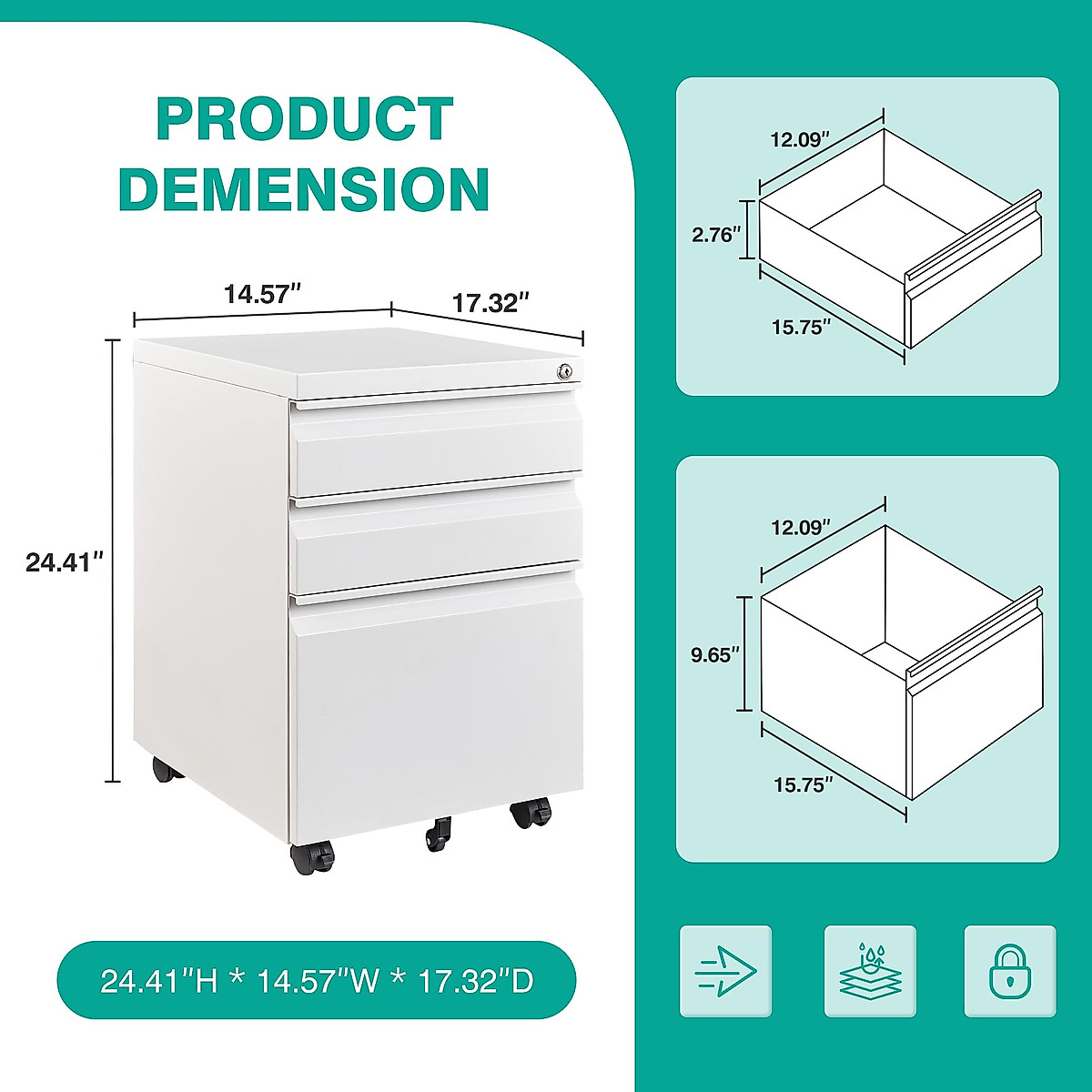 3 Drawer File Cabinet with Lock,Under Desk File Cabinet with Wheels,White Rolling File Cabinet,Three Drawer Metal Filing Cabinet for Home Office,Fit A4/Letter/Legal File,Fully Assembled Except Casters