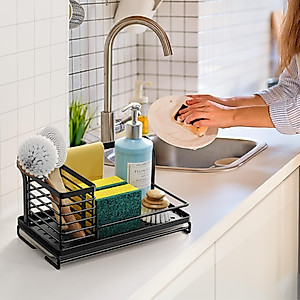 Nieifi Sink Caddy Organizer Countertop Sponge Brush Soap Holder with Drain Pan Stainless Steel for Kitchen Black