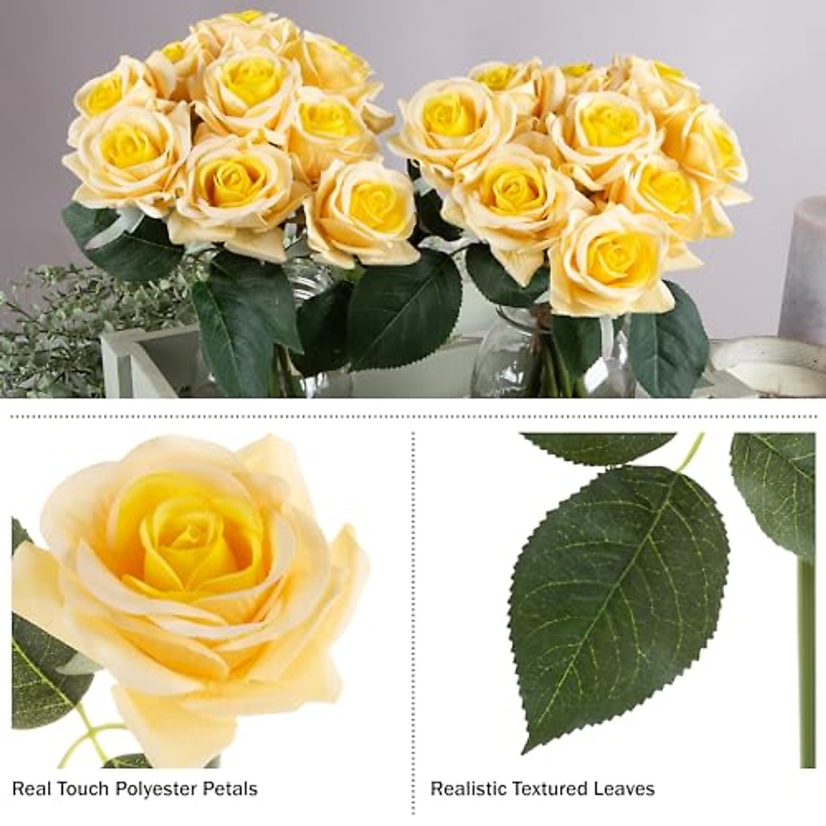 Pure Garden Rose Artificial Flowers - 18Pc Real Touch 11.5-Inch Fake Flower Set with Stems for Home Decor, Wedding, or Bridal/Baby Showers (Yellow)
