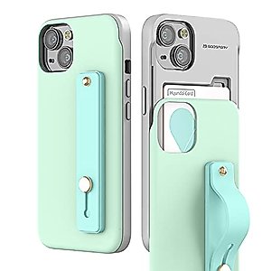 GOOSPERY SlideTok Case Compatible with iPhone 13, Card Holder Phone Finger Grip Band Loop Stretch Holder Kickstand 2 Card Storage Dual Layer Protective Bumper Wallet Cover (Mint)