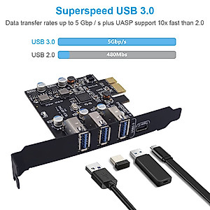 PCI-E to USB 3.0 4 Ports(1 X USB-C - 3 X USB-A) Expansion Card, PCI Express USB Add in Expansion Card, Internal USB3 Hub for Desktop PC Host Card Support Windows 10/8/7/XP and MAC OS 10.8.2 Above