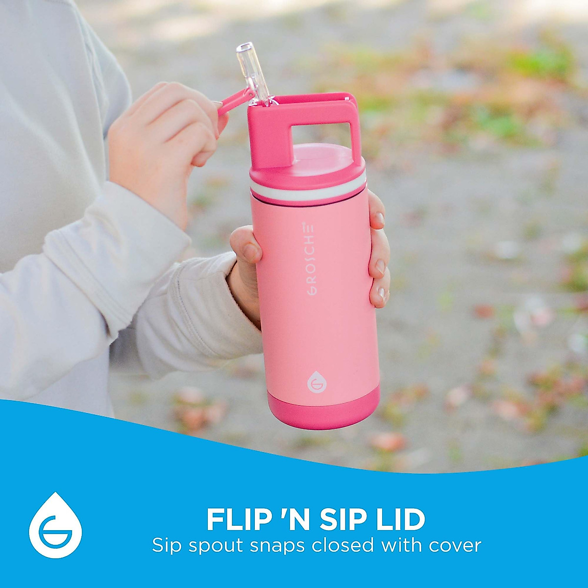 GROSCHE Alpine Flip n' Sip 16oz Insulated Kids Water Bottle - Stainless Steel, Leakproof Flask with Straw - Perfect for Gym, Travel & Outdoor Use - Keeps Water Cold upto 60 hrs - Flamingo Pink