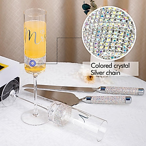 VARLKA Wedding Cake Knife and Server Set, 8oz Crystal Mr and Mrs Champagne Flutes, Wedding Glasses for Bride and Groom, Cake Cutting Set for Wedding, Engagement Gifts