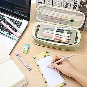Teling 37 Pcs Aesthetic School Supplies Includes Cute Pencil Case 12 Pcs 0.5 Mm/ 0.7 mm Mechanical Pencil 4 Pcs Erasers 8 Tubes Pencil Refills 12 Pcs Cute Highlighters for Girls School (Light Green)
