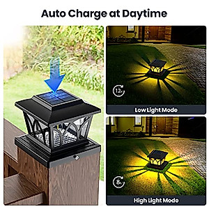 APONUO Solar Post Cap Lights Filament 1000mAh,4x4 Post Solar Lights 2 Brightness Levels 8/16LM Waterproof Solar Fence Post Lights for 4x4,6x6 Posts Caps Wood,4x4 Vinly Post Caps,Black,4 Pack