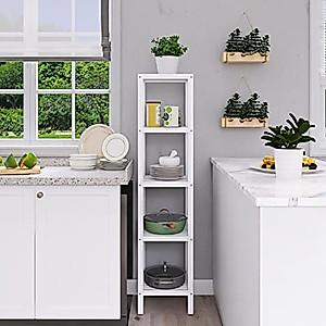 SMIBUY Bathroom Storage Shelf, 5-Tier Bamboo Rack Organizer, Multifunctional Shelving Unit for Living Room Bedroom Kitchen (White)