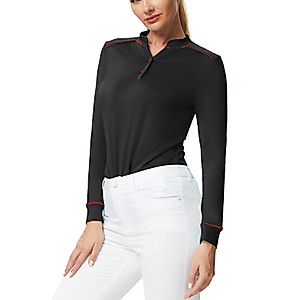 Women's UPF 50+ Golf Polo Shirts Collarless Long Sleeve Tennis Shirt Lightweight Quick Dry Athletic Tops(Black,S)