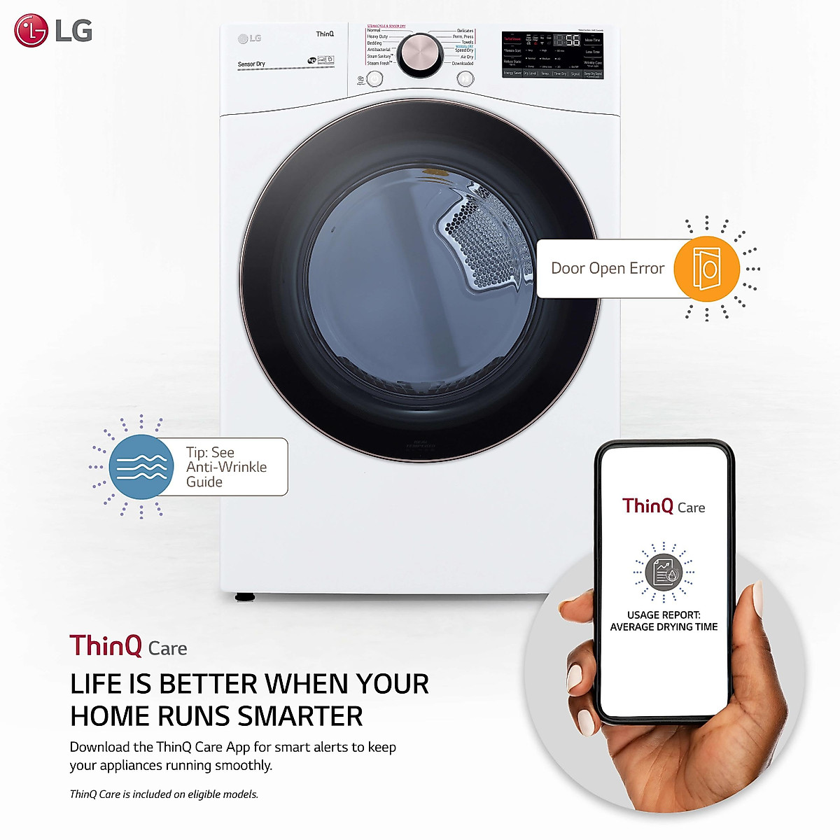 LG 7.4 Cubic Feet Ultra Large Capacity Smart Wi-Fi Enabled Front Load Gas Dryer with TurboSteam Technology and Built-In Intelligence (White)
