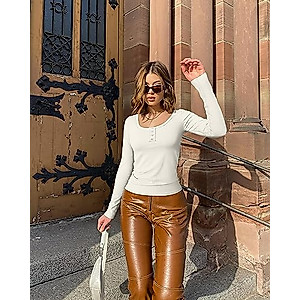 OQQ Women's 2 Piece Long Sleeve Seamless Ribbed Button Stretch Shirt, Black,beige, Medium