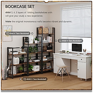 4NM No-Assembly Folding Bookshelf Storage Shelves 4 Tiers Vintage Bookcase Standing Racks Study Organizer Home Office (Rustic Brown and Black)