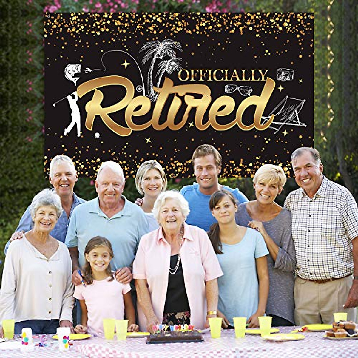 Happy Retirement Party Decorations, Giant Black and Gold Sign Retirement Party Banner Photo Booth Backdrop Background for Happy Retirement Party Supplies (Black)