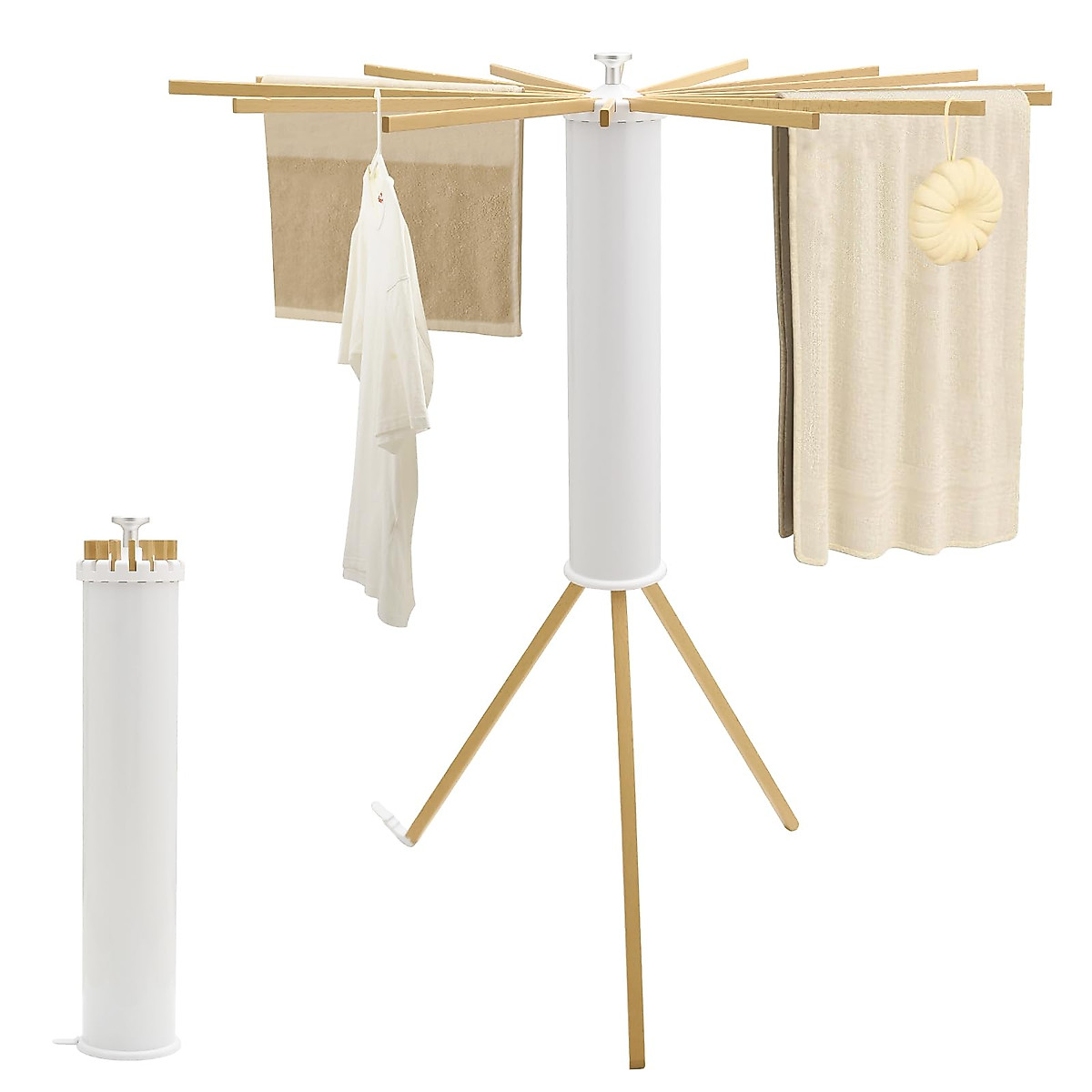 Kroias Tripod Clothes Drying Rack Wooden Drying Rack, Laundry Drying Rack Space Saving Foldable Drying Rack Clothing, Stand Outdoor Folding Portable Drying Rack with 16 Expandable Drying Rods