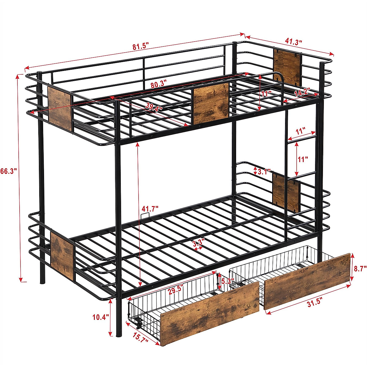 CKLMMC Twin XL Over Twin XL Metal Bunk Bed with MDF Board Guardrail and Two Storage Drawers for Kids Teens Adults