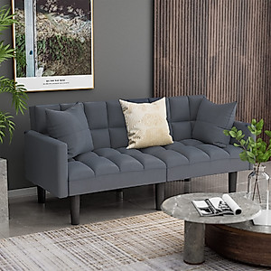 JUMMICO Modern Tuft Futon Sofa Bed Couch Convertible Loveseat Sleeper Reclining Futon Twin Size with Arms and 2 Pillows for Living Room (Blue)