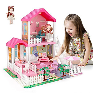 Mini Tudou Dollhouse for Girls, Doll House with Lights, Play Mat and Dolls, DIY Building Pretend Play House with Accessories Furniture and Household Items,Playhouse for Girls 3-12 (3 Rooms)